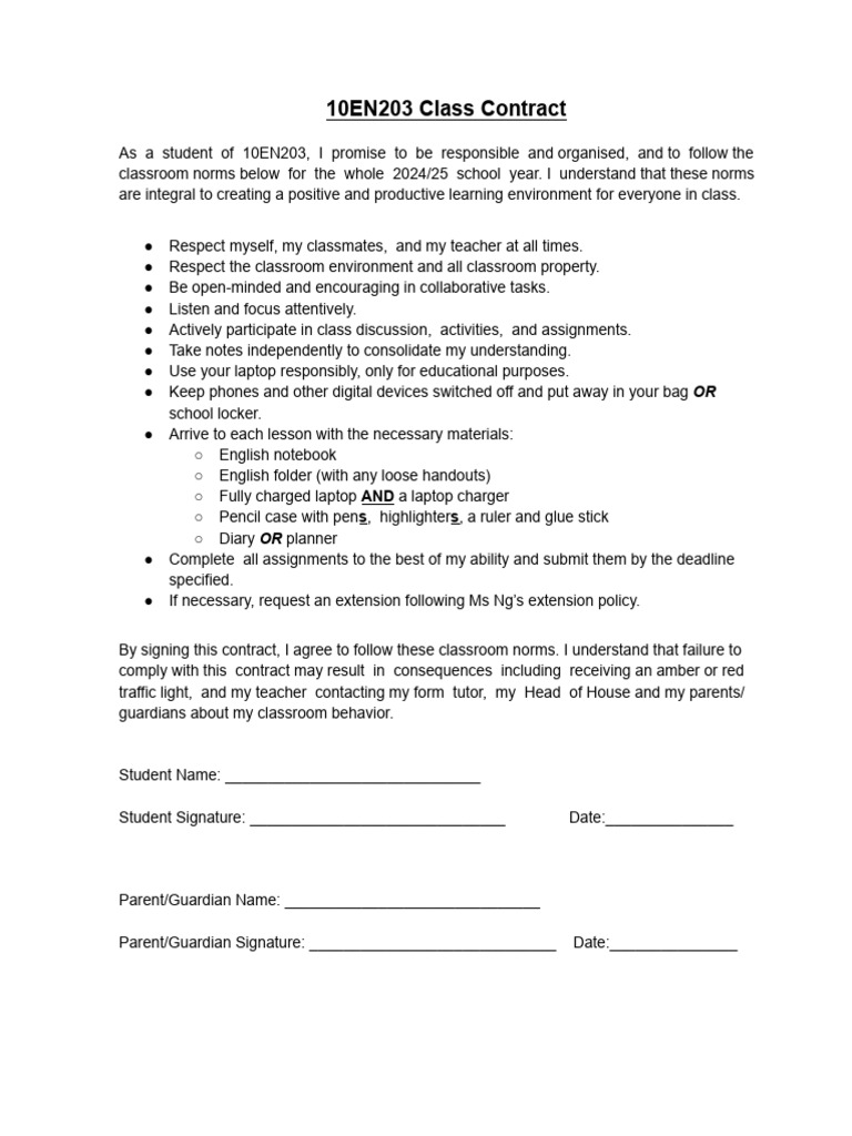 10EN203 Class Contract (Final) | PDF