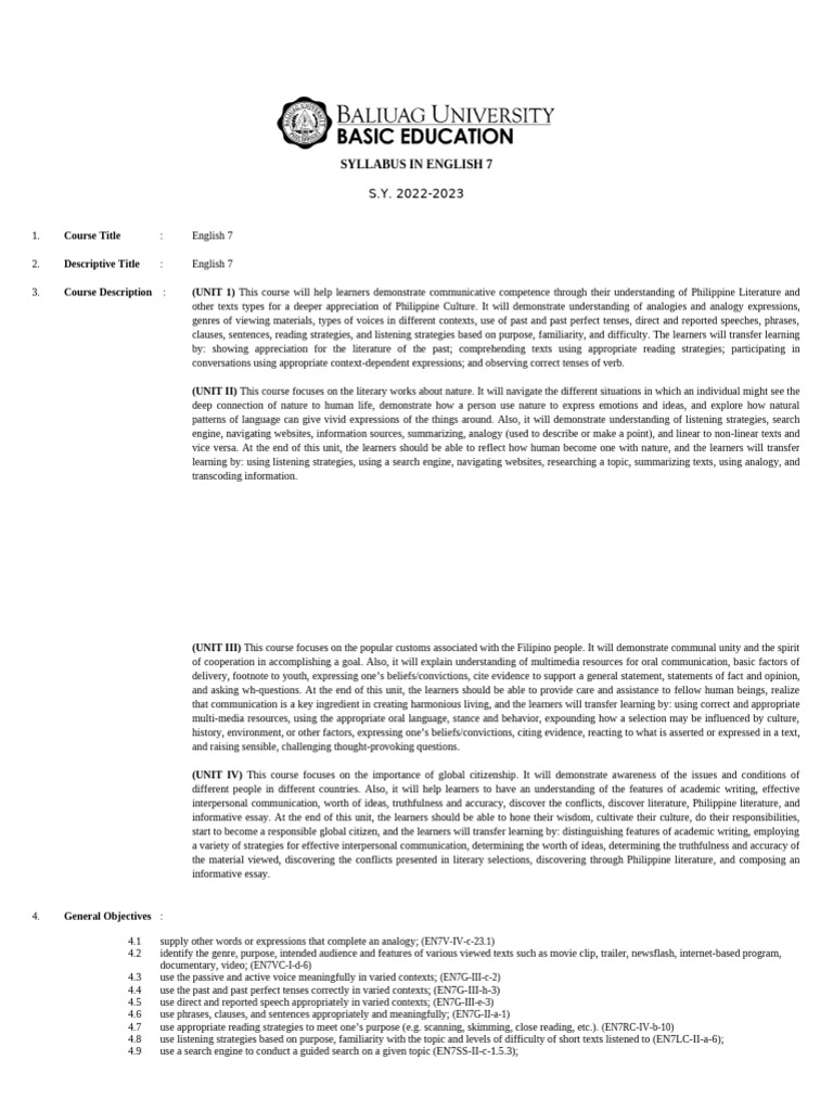 English 7 Syllabus Overview 2022-2023 | PDF | Learning | Communication