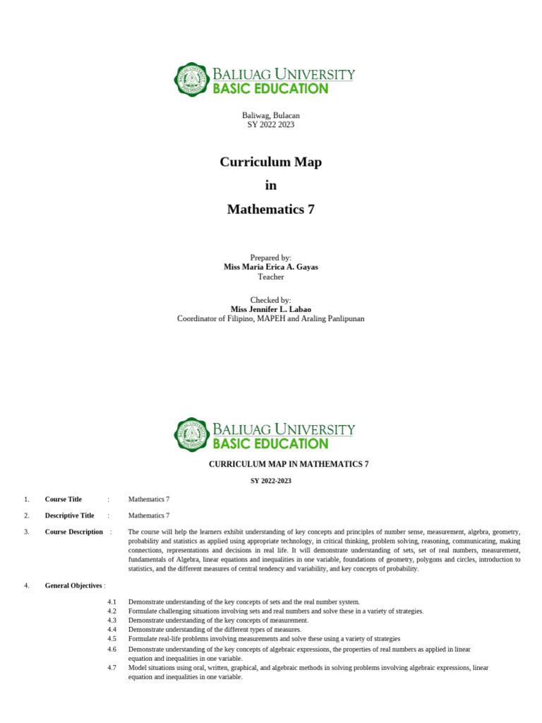 Mathematics 7 Curriculum Map 2022-2023 | PDF | Polynomial | Equations