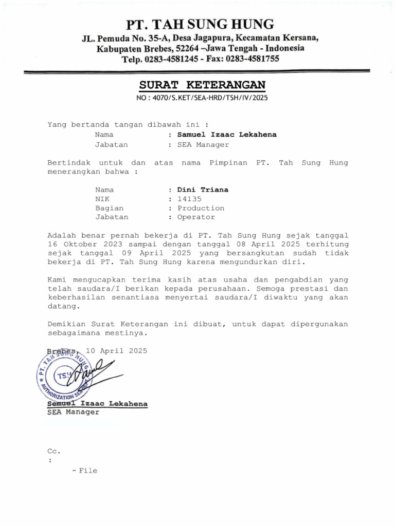 Paklaring Dini Triana PT Tah Sung Hung | PDF