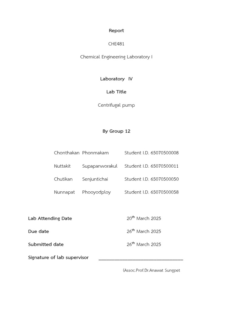 CHE481 Gr12 Lab4 Centrifugal Pump Report | PDF | Pump | Continuum Mechanics