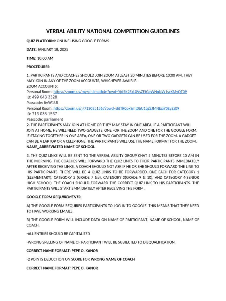 Verbal Ability National Competition Guidelines | PDF