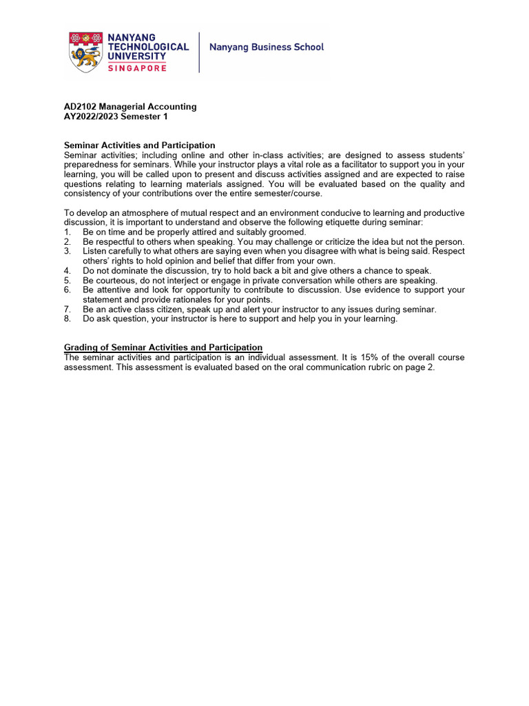 AD2102 Seminar Activities and Particiation and Rubric | PDF ...