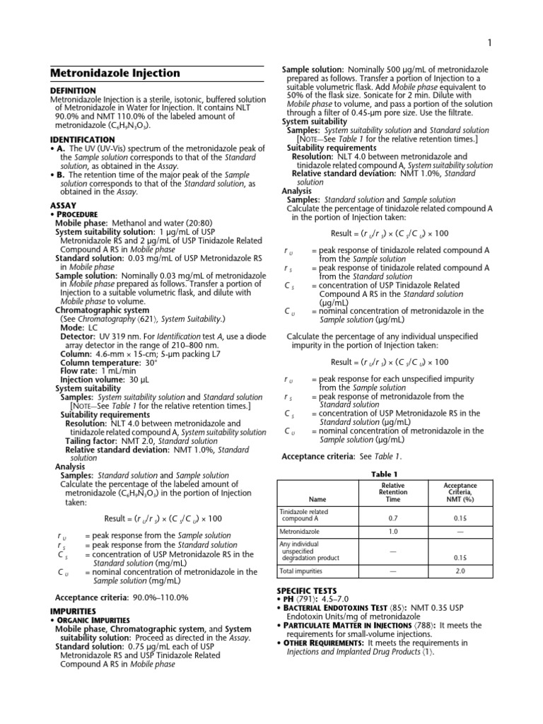 Metronidazole Injection Assay Guidelines | PDF | Chromatography ...