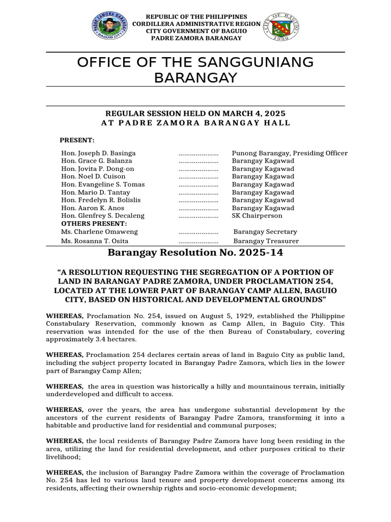 Barangay Resolution No. 2025-014 - Proclamation 254 | PDF