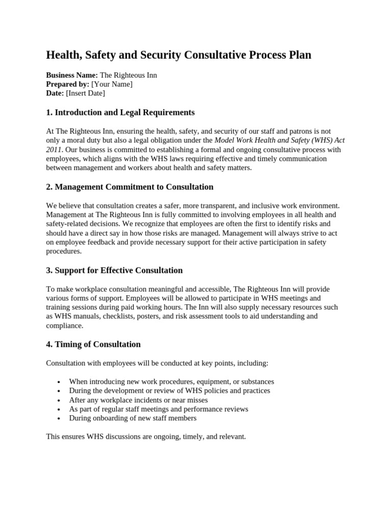 Righteous Inn WHS Consultation Plan | PDF | Occupational Safety And ...