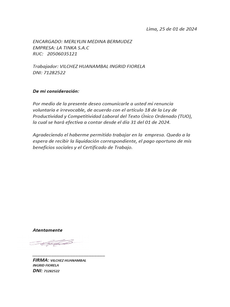 Carta de Renuncia Voluntaria Vilchez Huanambal Ingrid | PDF