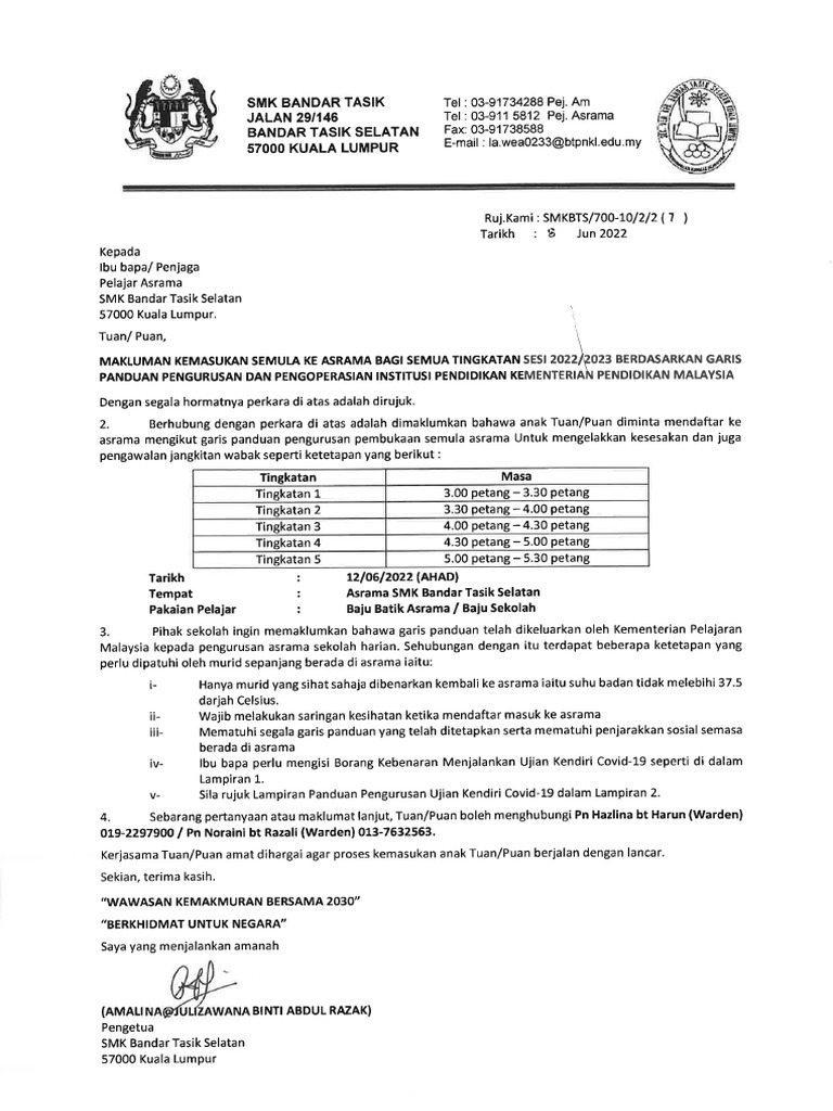 Surat Masuk Asrama Cuti Penggal | PDF