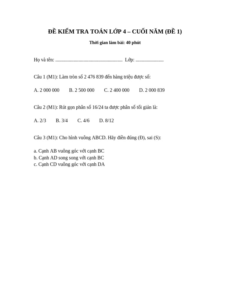 De Toan Lop 4 Cuoi Nam De1 | PDF