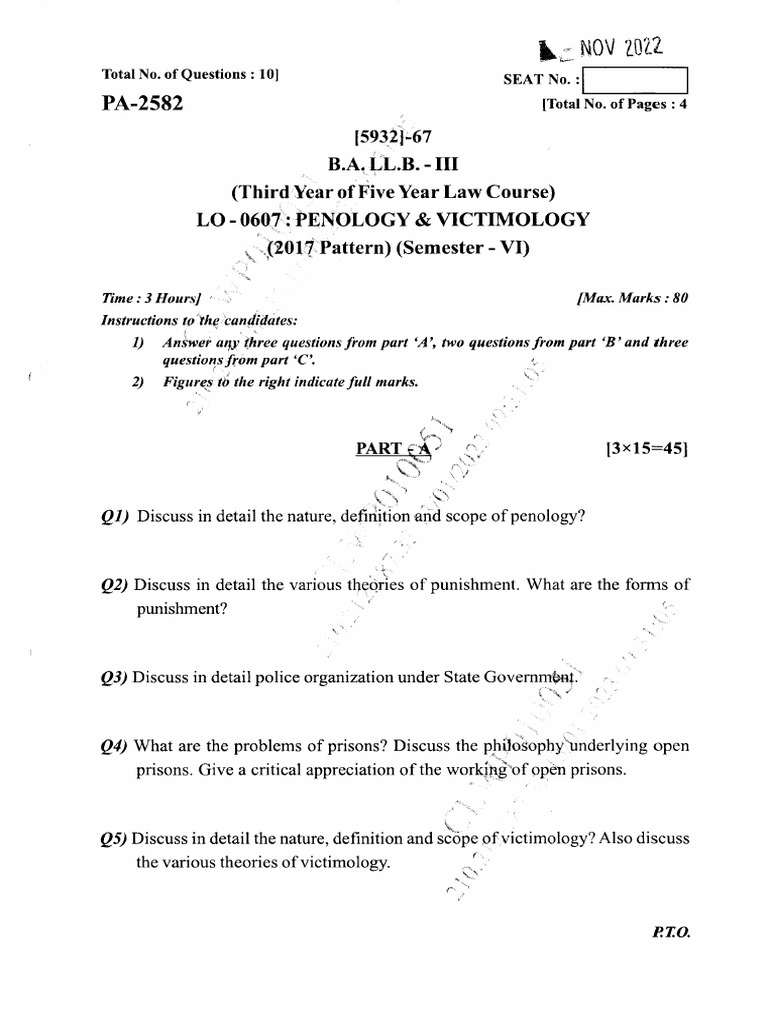 Penology and Victimology Exam Questions | PDF | Victimology | Punishments