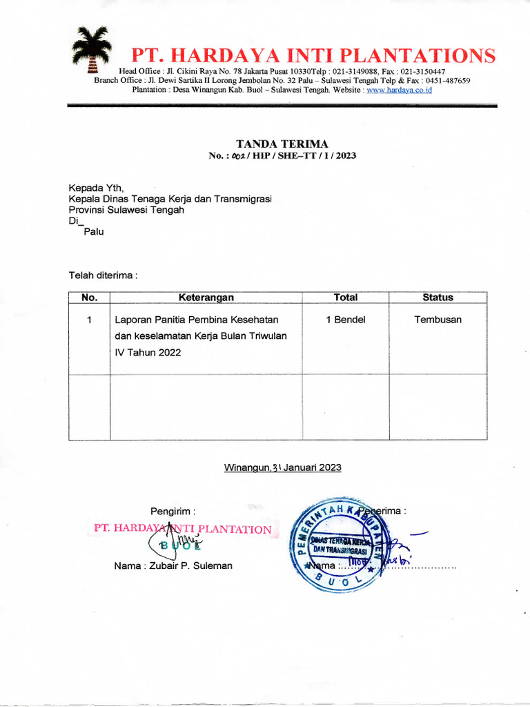 Tanda Terima Laporan P2K3 TW 4 2022 | PDF