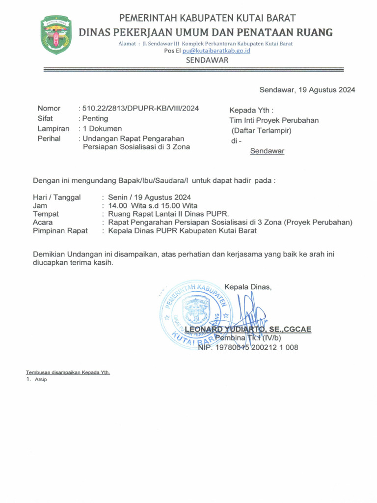 Undangan Rapat Tim Proyek Perubahan 19 Ags 2024 | PDF