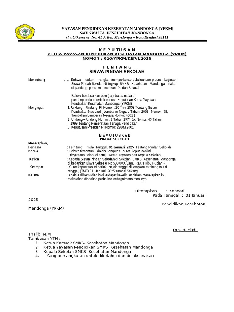 Keputusan Pindah Sekolah SMK Mandonga | PDF