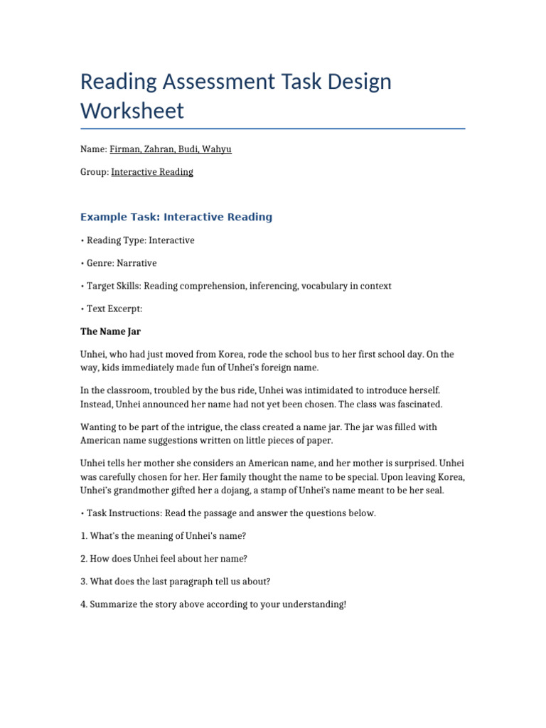 Firman, Wahyu, Zahran & Budi - LAE Reading Assessment Worksheet | PDF ...