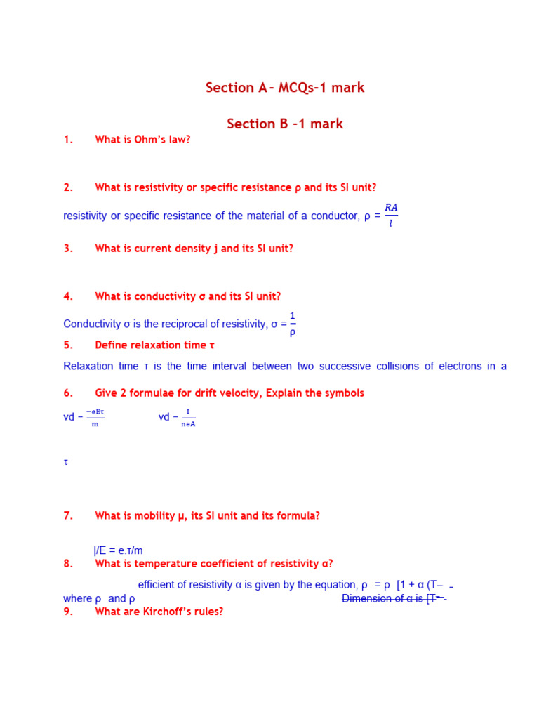 Physics CH 3 Definitions and Derivations | PDF | Electrical Resistivity And Conductivity | Voltage