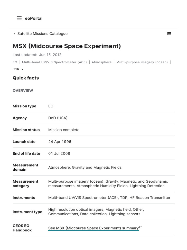 MSX (Midcourse Space Experiment) - EoPortal | PDF | Instrumentation | Strategic Defense Initiative