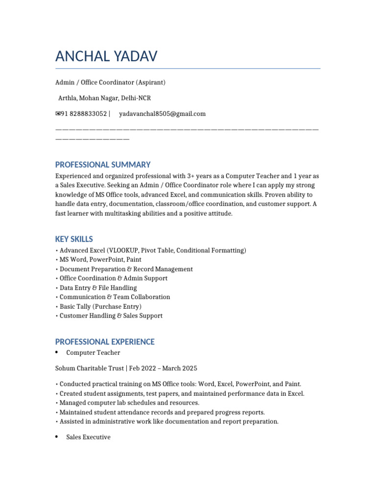 Anchal Yadav Admin Coordinator CV | PDF