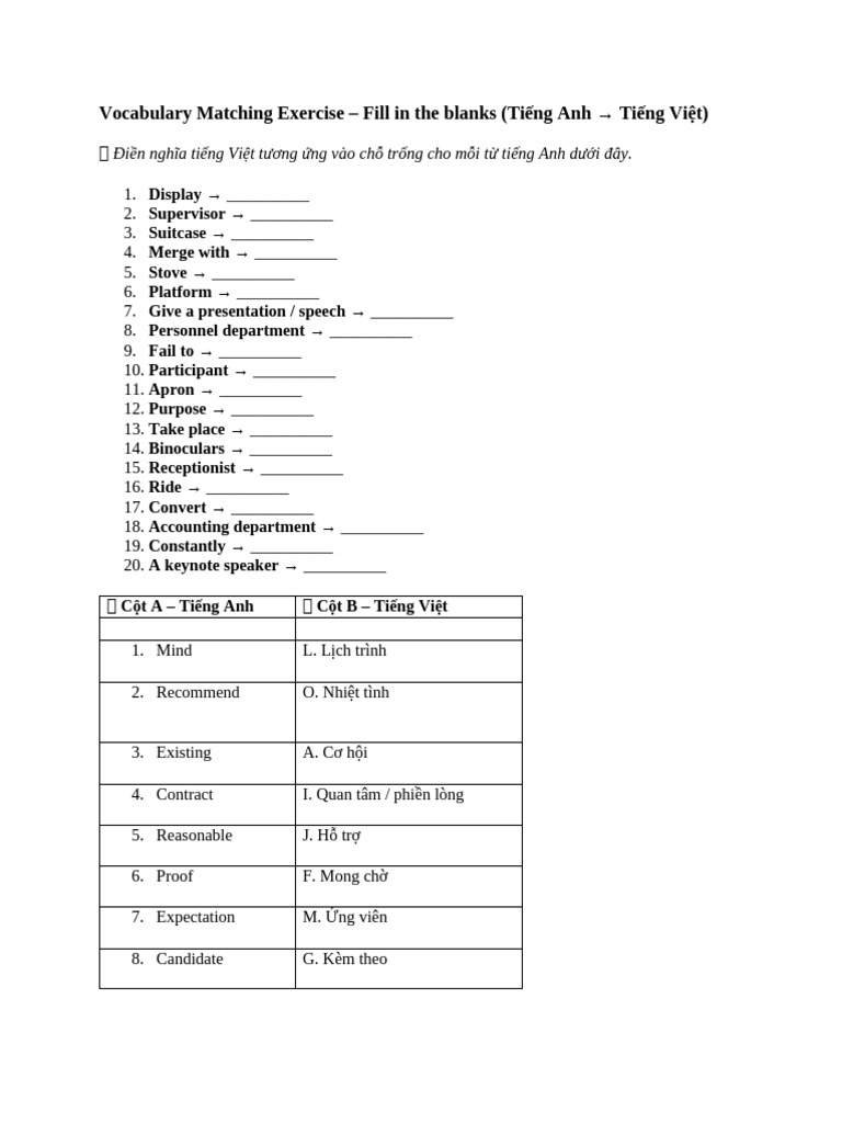 Vocabulary Matching Exercise | PDF