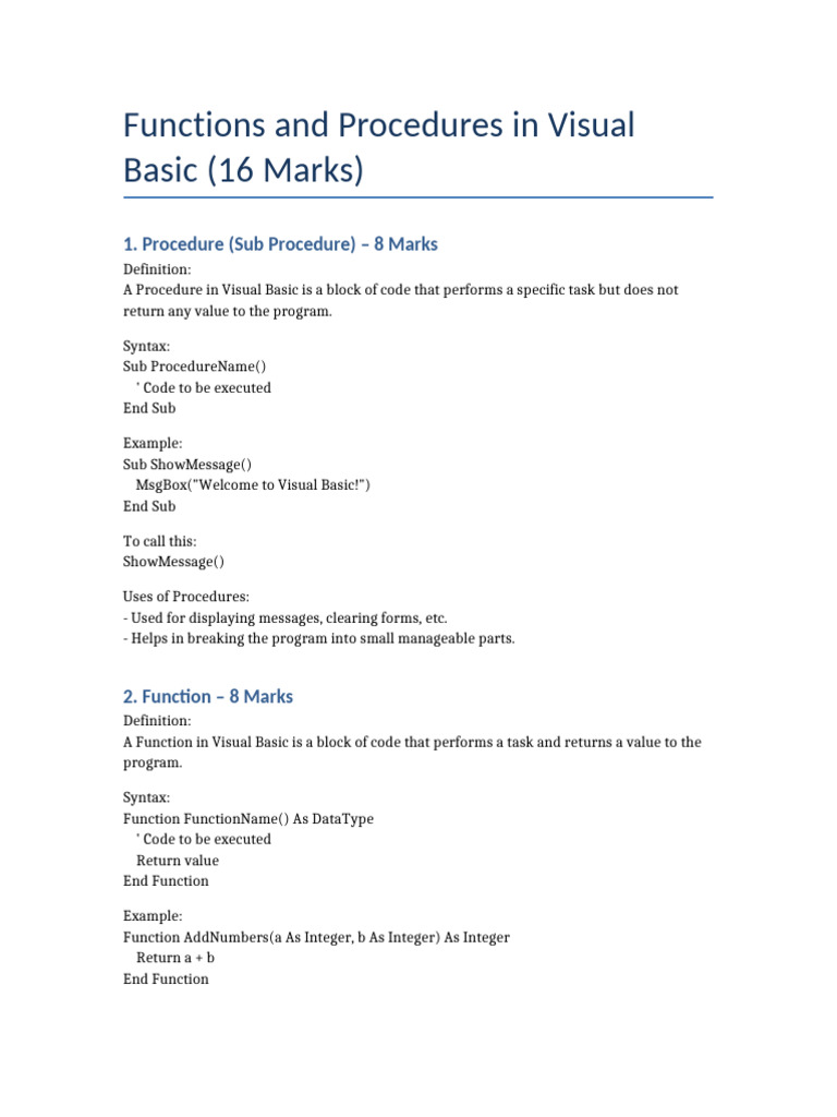 Functions and Procedures in VB | PDF
