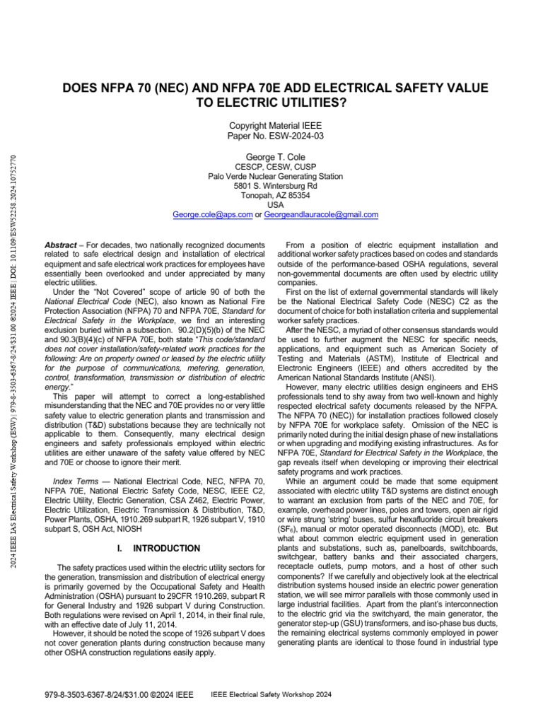NFPA 70 & 70E: Safety Value for Utilities | PDF | Electrical Wiring ...