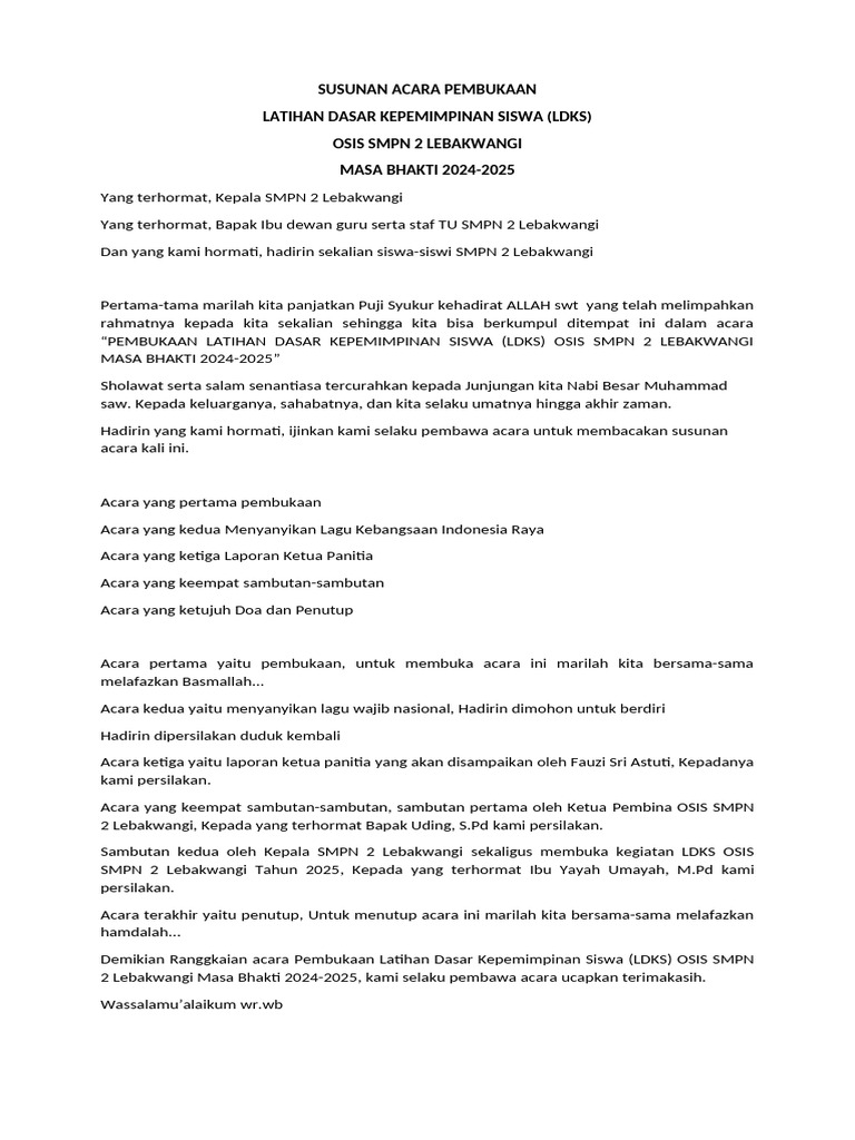 Susunan Acara Pembukaan Ldks 2025 | PDF