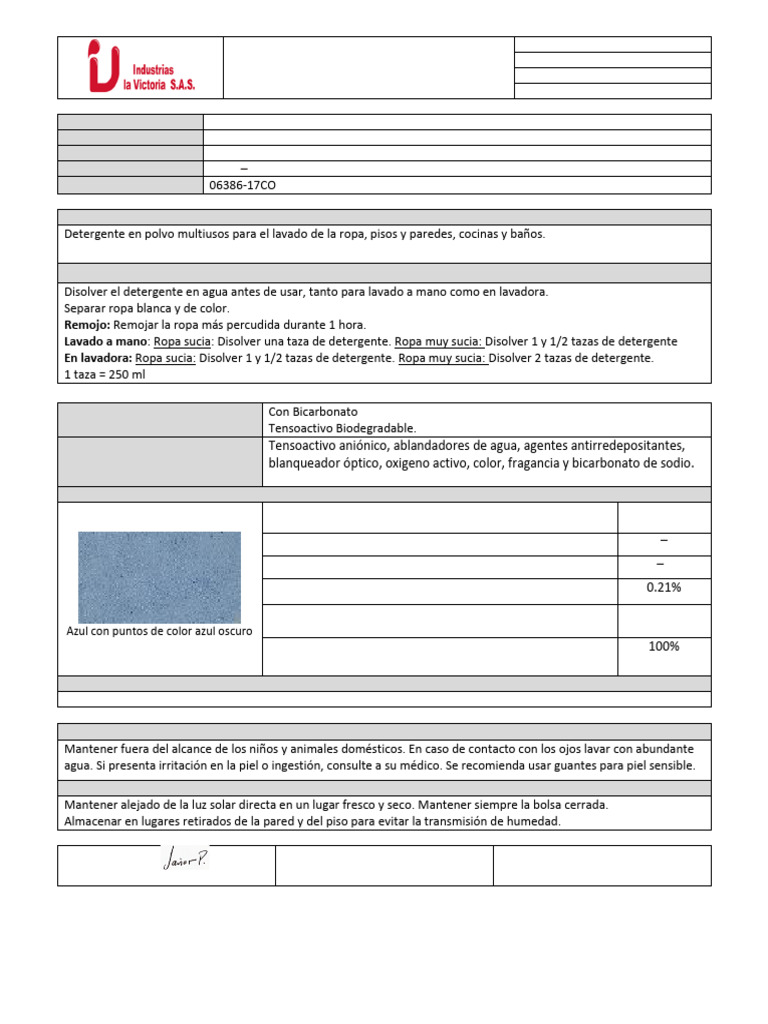 Ficha Tecnica de Detergente en Polvo Bonaropa Bicarbonato v.2 | PDF ...