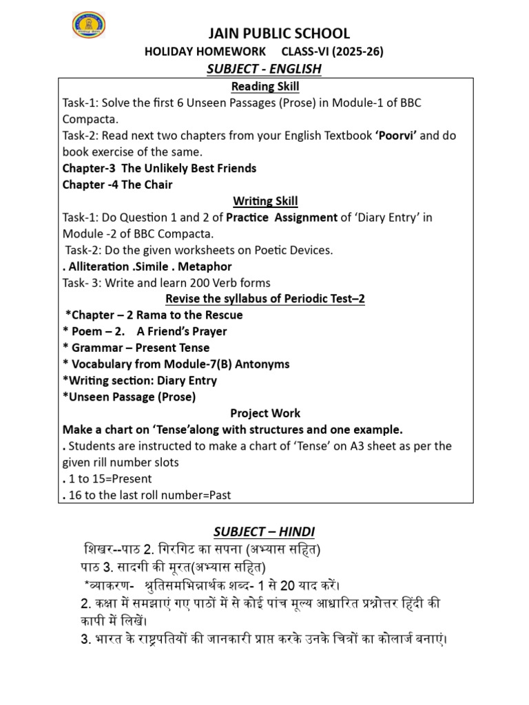 Class-6 Holiday Homework | PDF | Linguistics