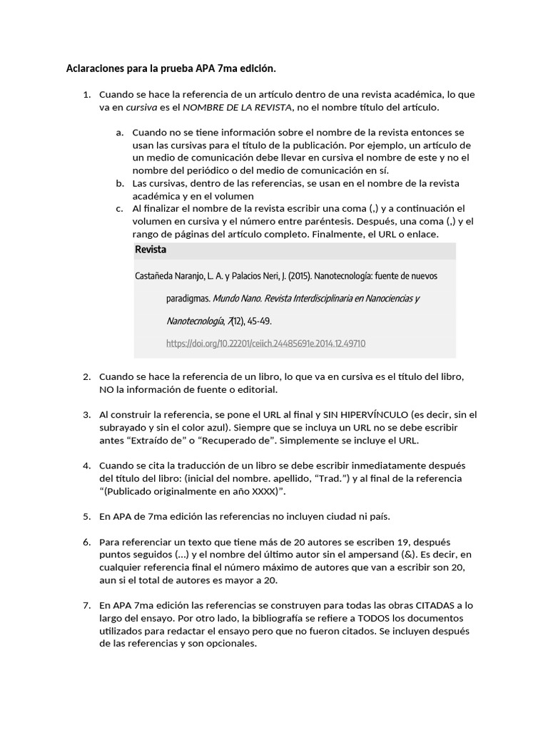Aclaraciones APA 7ma Edición | PDF | Estilo apa | Bibliografía