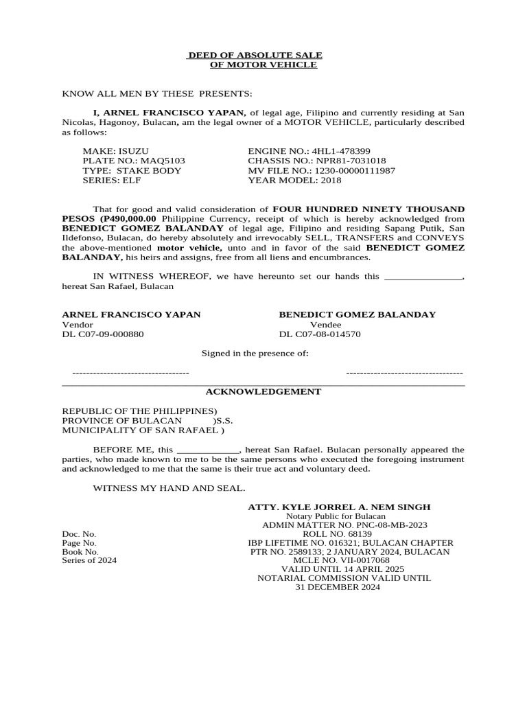 DEED of ABSOLUTE of Motor Vehicle Arnel Yapan | PDF | Civil Law (Common Law) | Private Law