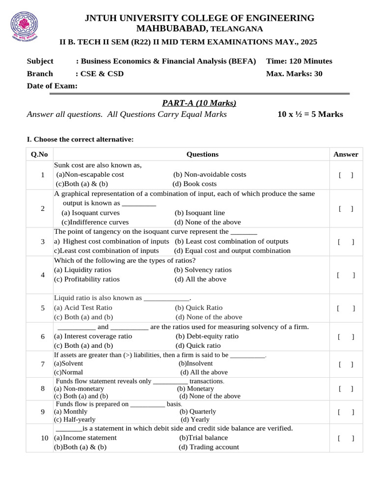 BEFA Mid 2 Question Paper | PDF | Debits And Credits | Financial Accounting