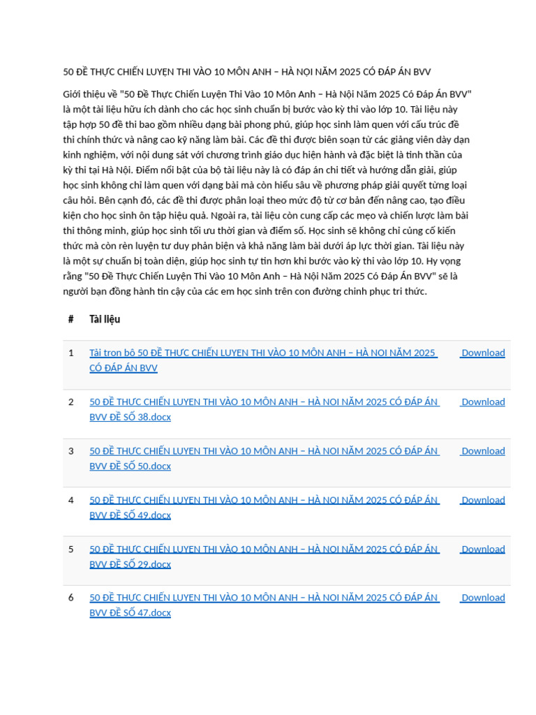 50 Đề Thực Chiến Luyện Thi Vào 10 Môn Anh - Hà Nội Năm 2025 Có Đáp Án Bvv Bản Chuẩn | PDF