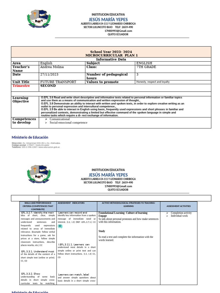 Second Term Microcurricular Plan 7TH | PDF | English Language | Learning