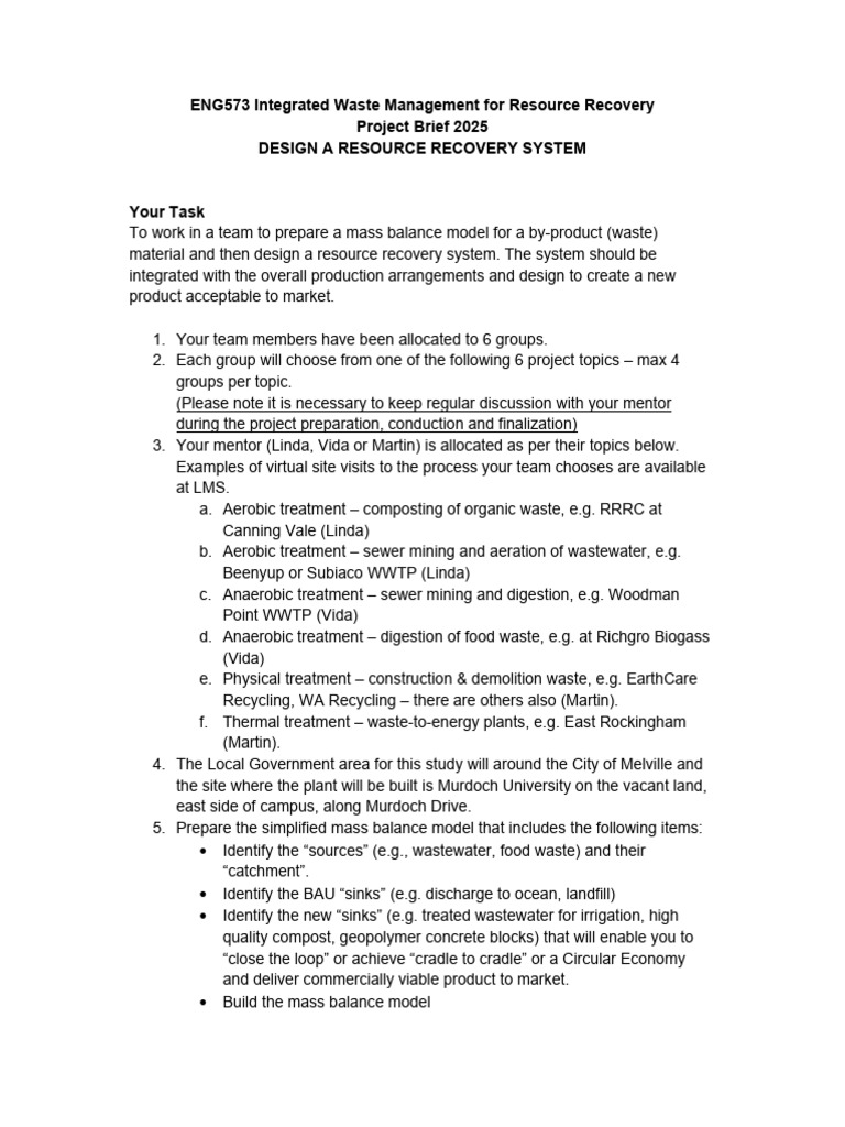 ENG573 Integrated Waste Management For Resource Recovery Project Brief ...