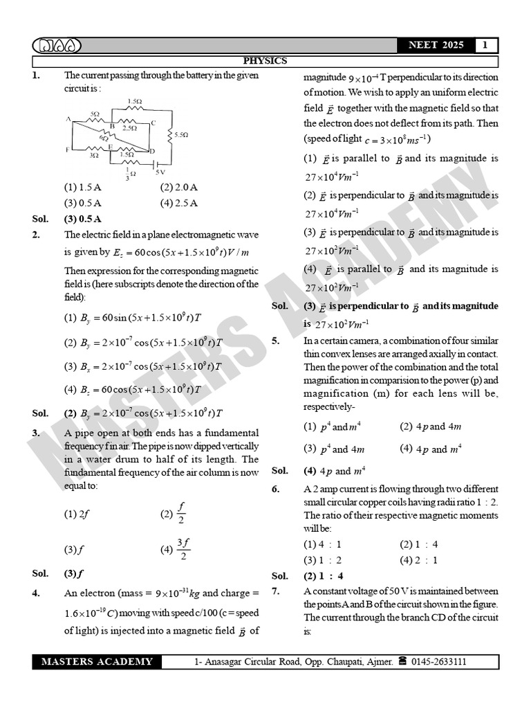 Physics Paper Answerkey (NEET 2025) | PDF | Polarization (Waves) | Electron