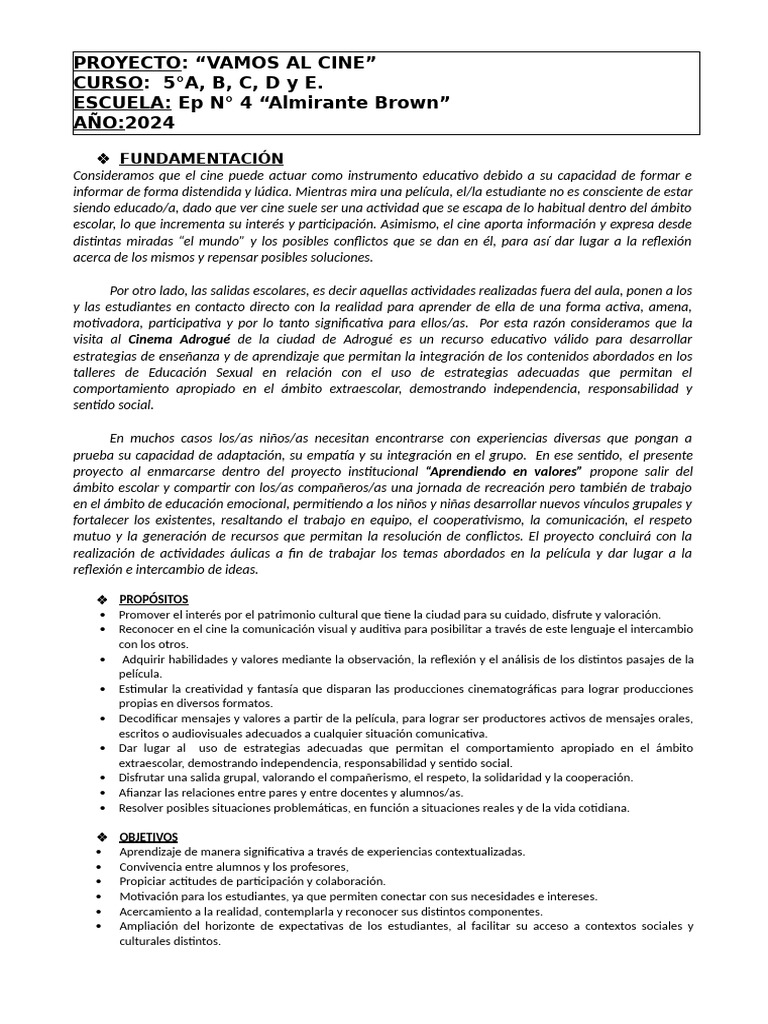 Proyecto Vamos al Cine Escolar | PDF | Aprendizaje | Enseñando