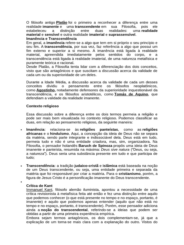 Imanência e Transcendência na Filosofia | PDF | Transcendência ...
