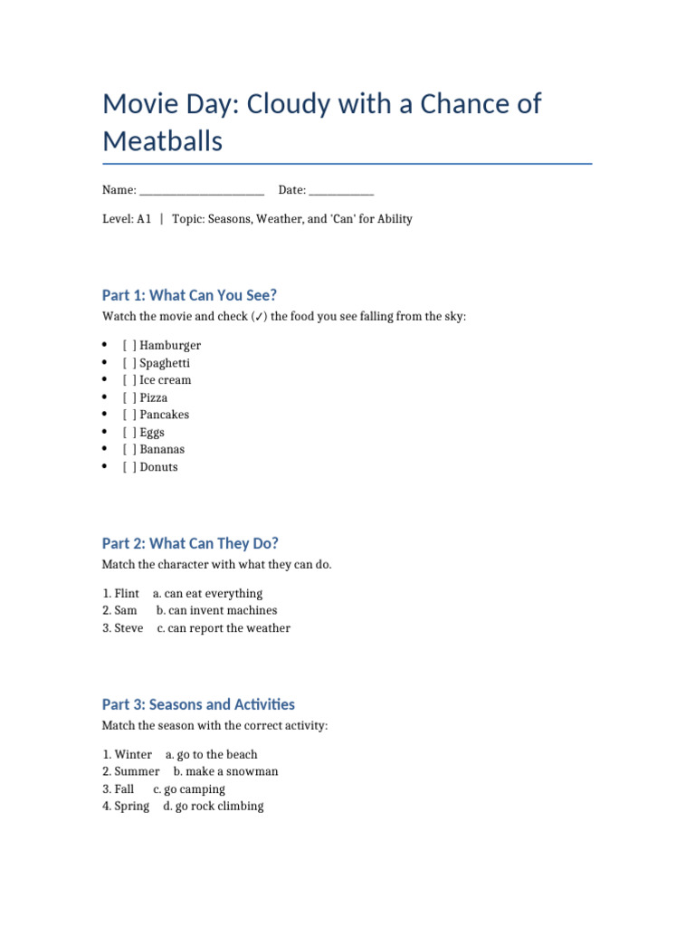 Movie Day Cloudy Activities | PDF