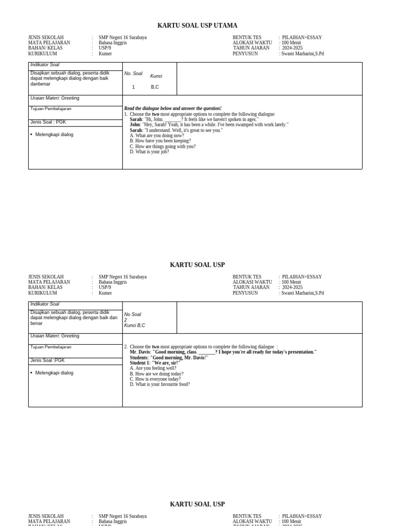 Kartu Soal Usp Utama 2024-2025 | PDF