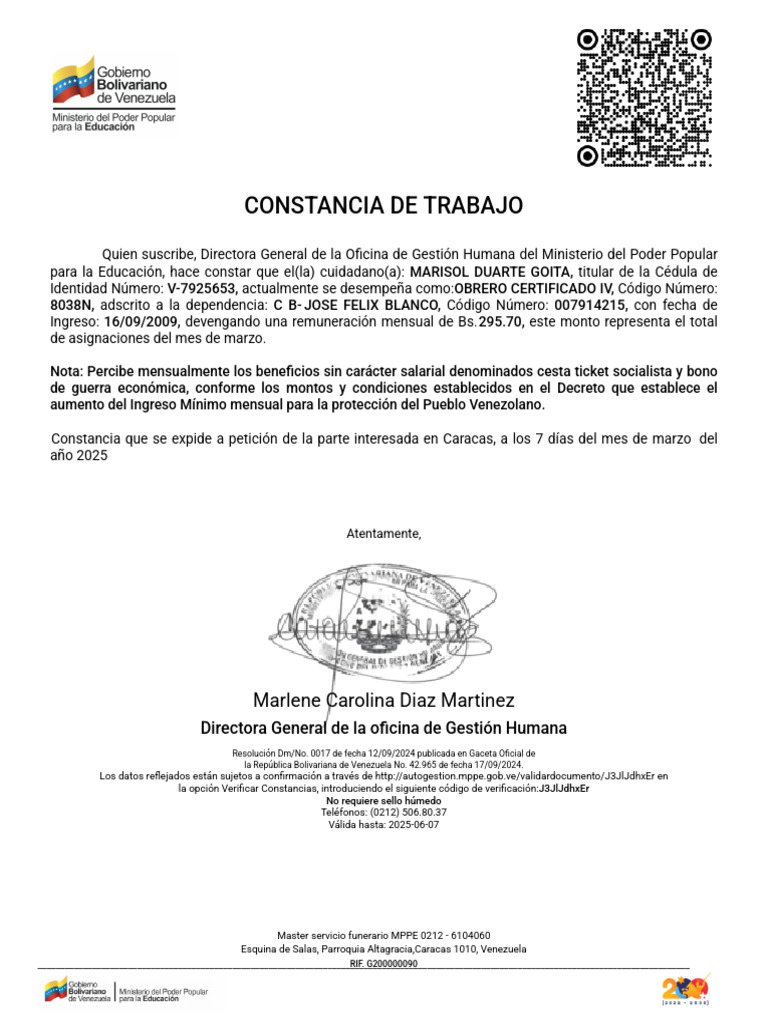 Constancia de Trabajo Marisol | PDF