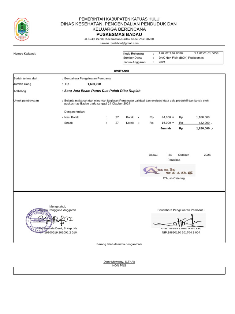 Kwitansi Pembayaran Puskesmas Badau 2024 | PDF
