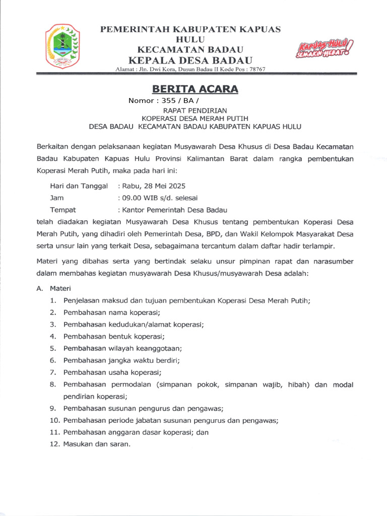 Berita Acara Koperasi Merah Putih I | PDF