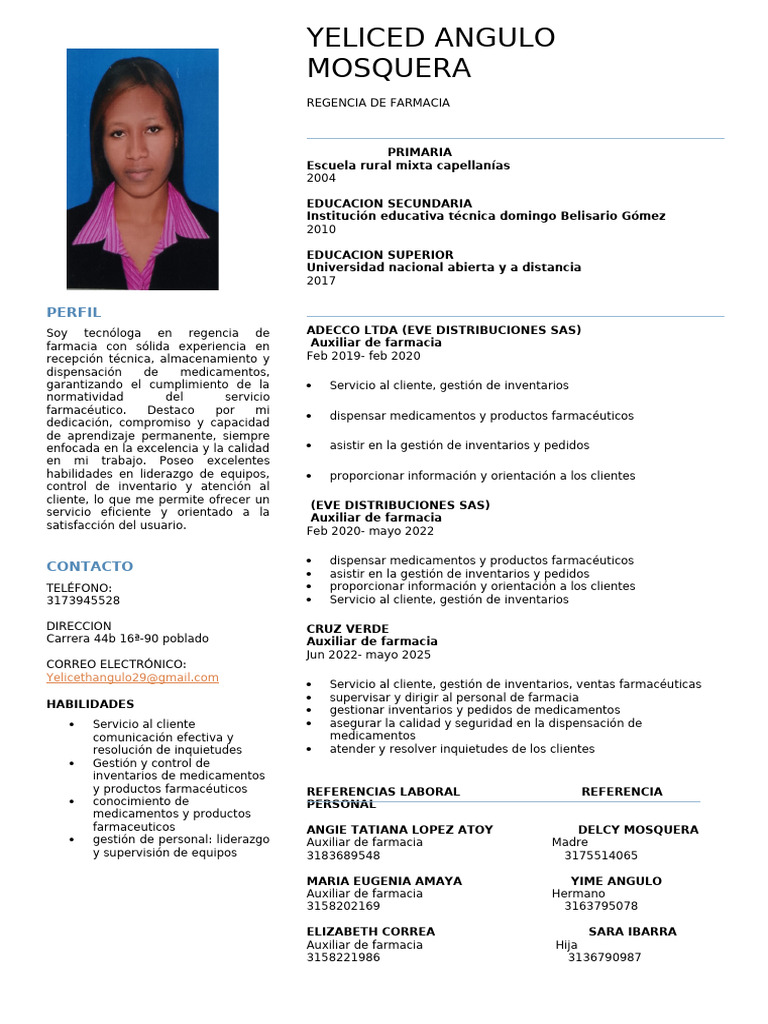 CV Auxiliar de Farmacia Yeliceth Angulo | PDF | Farmacia | Servicio al ...