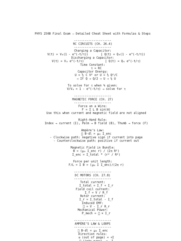 PHYS 250B Final Cheat Sheet Detailed | PDF
