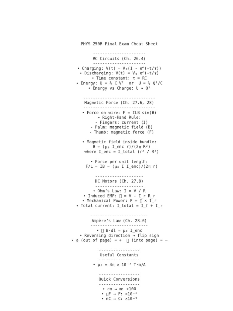 PHYS 250B Final Cheat Sheet | PDF