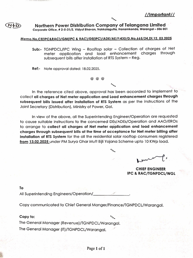 Collection of Charges TGNPDCL Letter | PDF