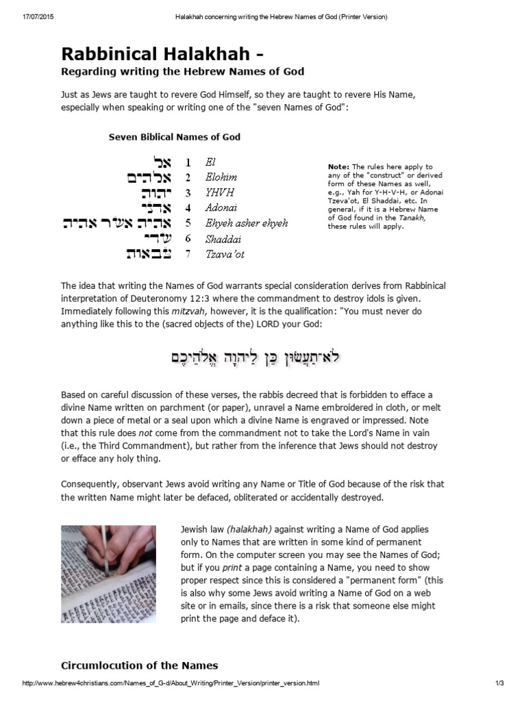 Halakhah Concerning Writing The Hebrew Names of God (Printer Version) 2 ...