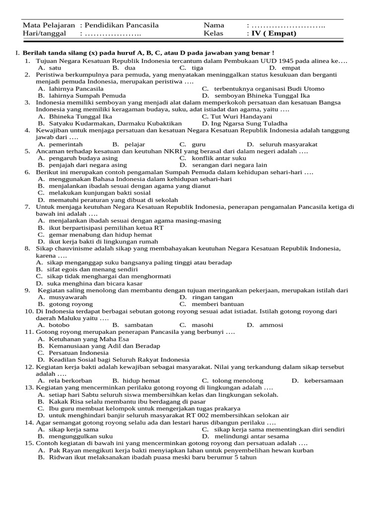 Soal Pendidikan Pancasila Kelas 4 (Oke) | PDF