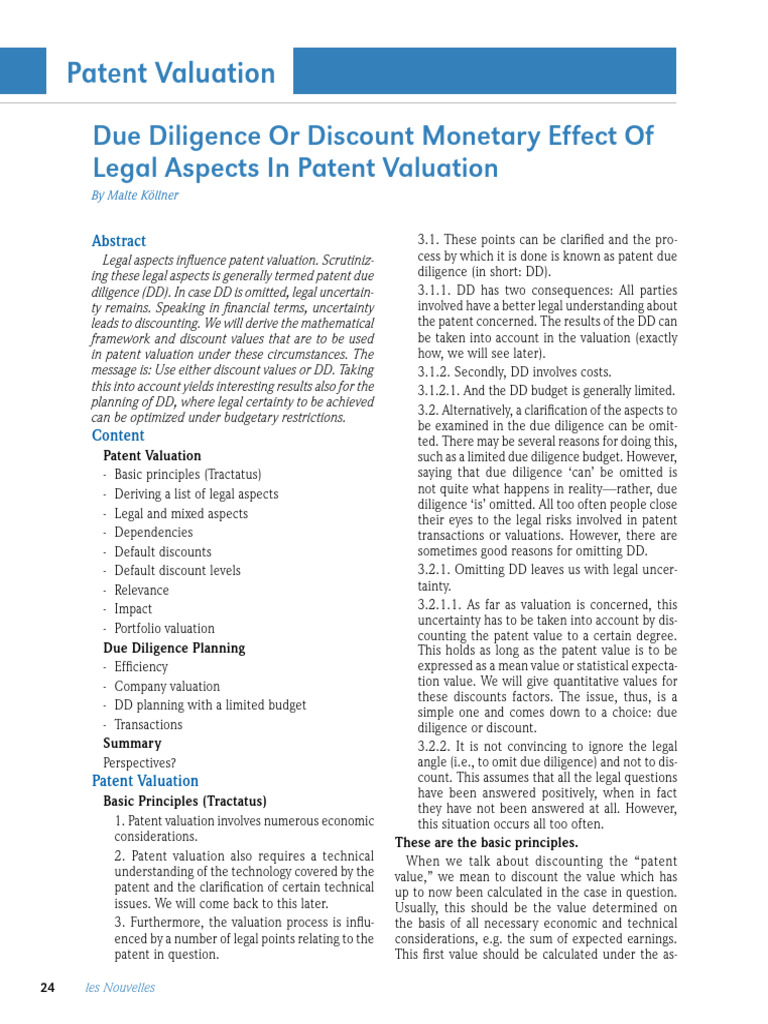 Artículo Due Diligence or Discount Monetary Effect of Legal Aspects in Patent Valuation | PDF ...