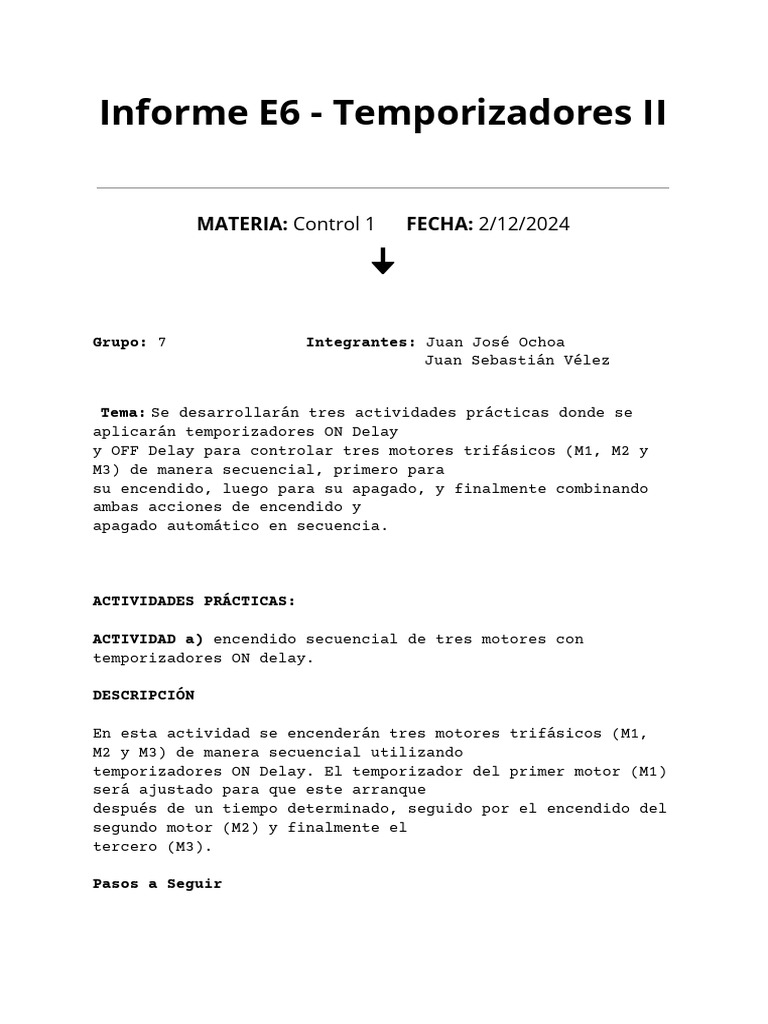 Informe E6 Temporizadores2 | PDF | Automatización | Ingenieria Eléctrica