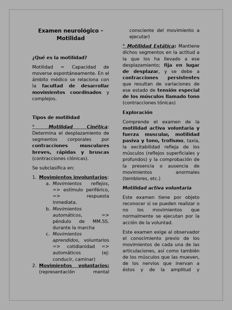 Examen de Motilidad Neurológica | PDF | Músculo | Contracción muscular